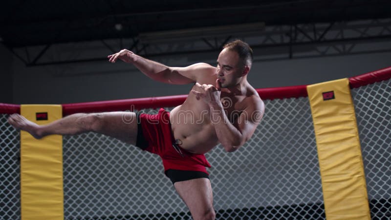 Muscular MMA Fighter is Practising in the Octagon Cage. Shadow Boxing ...