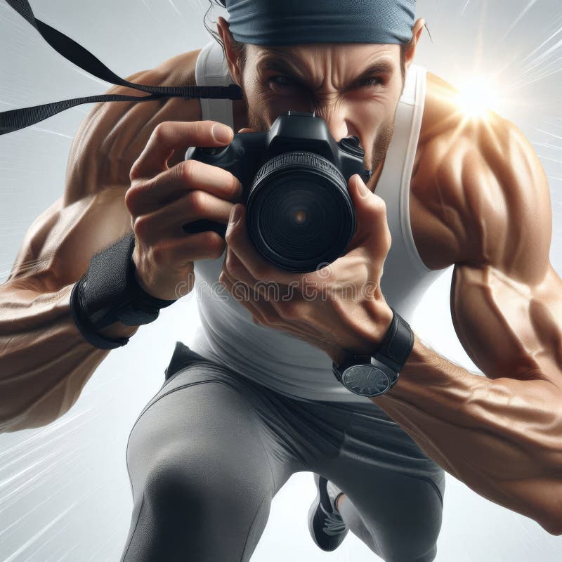 Muscular Photographer in Dynamic Action Pose with Camera Stock Photo ...