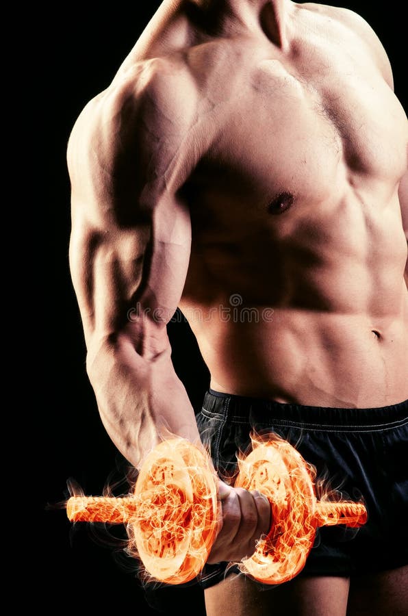 The Muscular Ripped Bodybuilder with Burning Dumbbells Stock Image ...