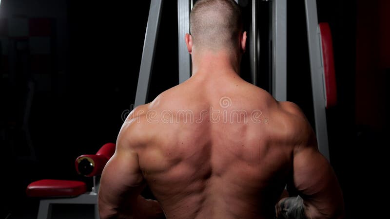 A Muscular Shirtless Man Performs Exercises on a Back Simulator in the ...