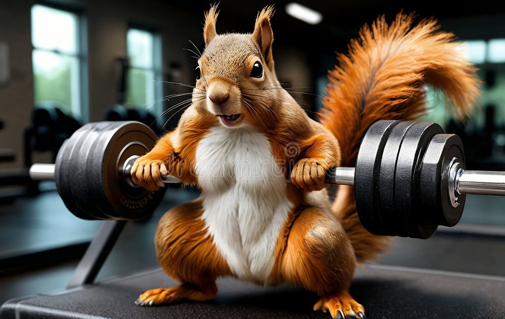 A Muscular Squirrel Lifting Weights in a Gym Stock Illustration ...