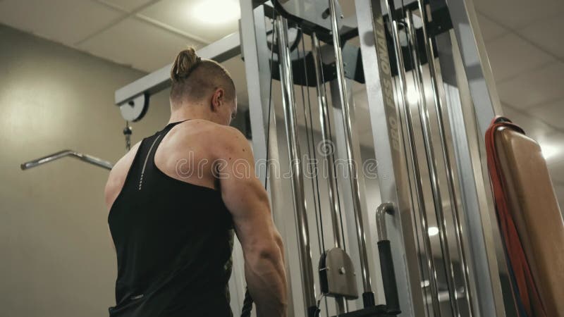 Muscular Trainer Doing Cable Triceps Pushdown Gym Machine Stock Footage ...