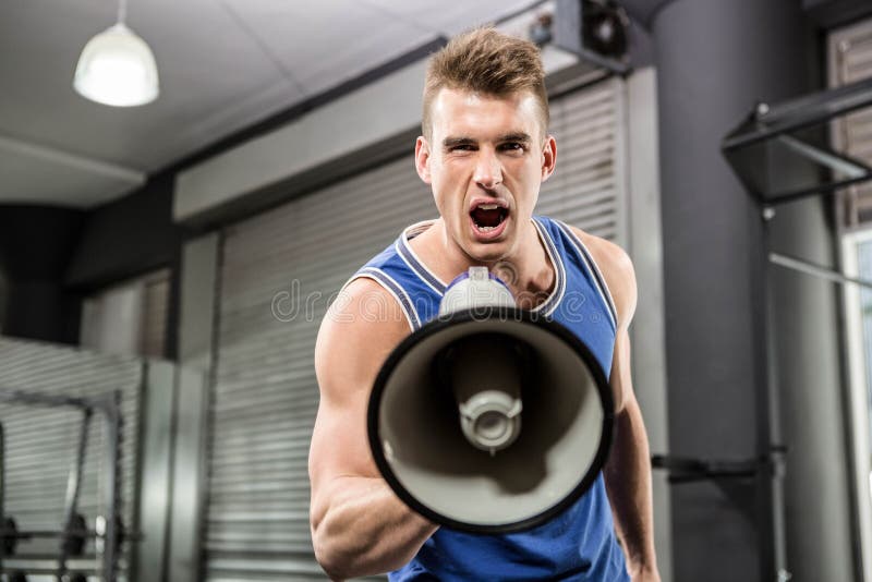 Muscular Trainer Shouting on Megaphone Stock Image - Image of masculine ...