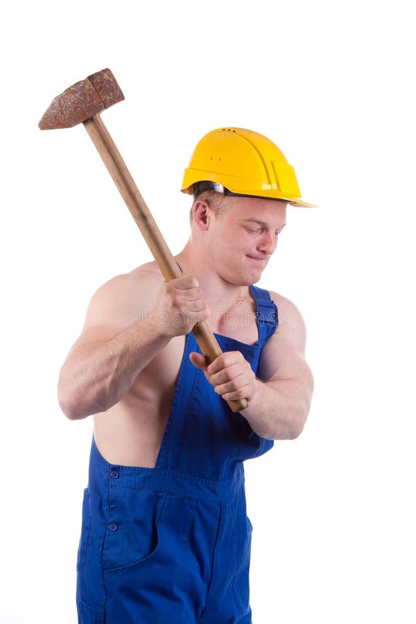 Muscular Construction Worker Stock Photo - Image of drilling, drill ...