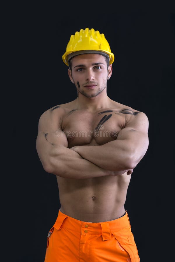 Muscular Young Construction Worker Shirtless Stock Image Image Of