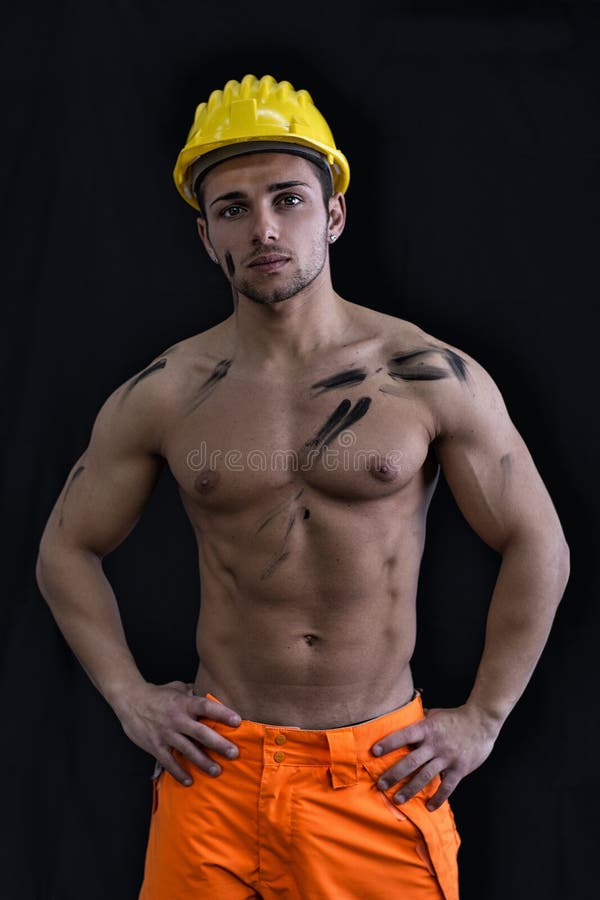 Muscular Young Construction Worker Shirtless Stock Photo - Image of ...