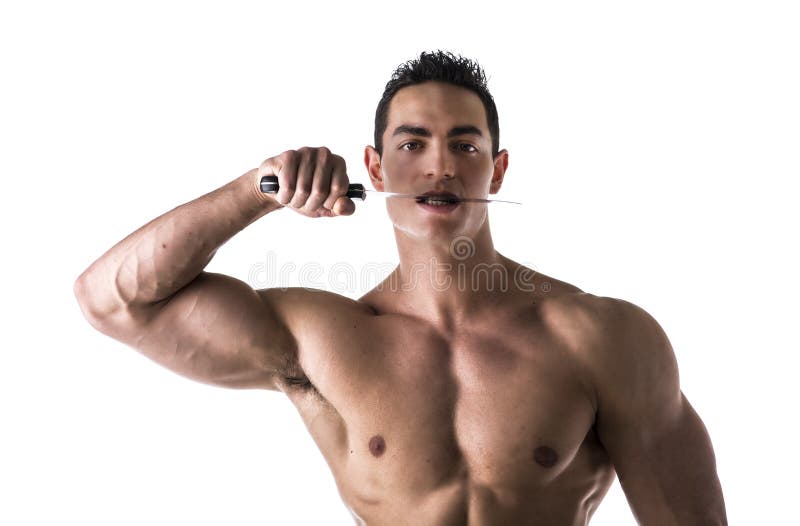 Muscular Young Man Biting Knife Stock Photo - Image of isolated, bicep ...