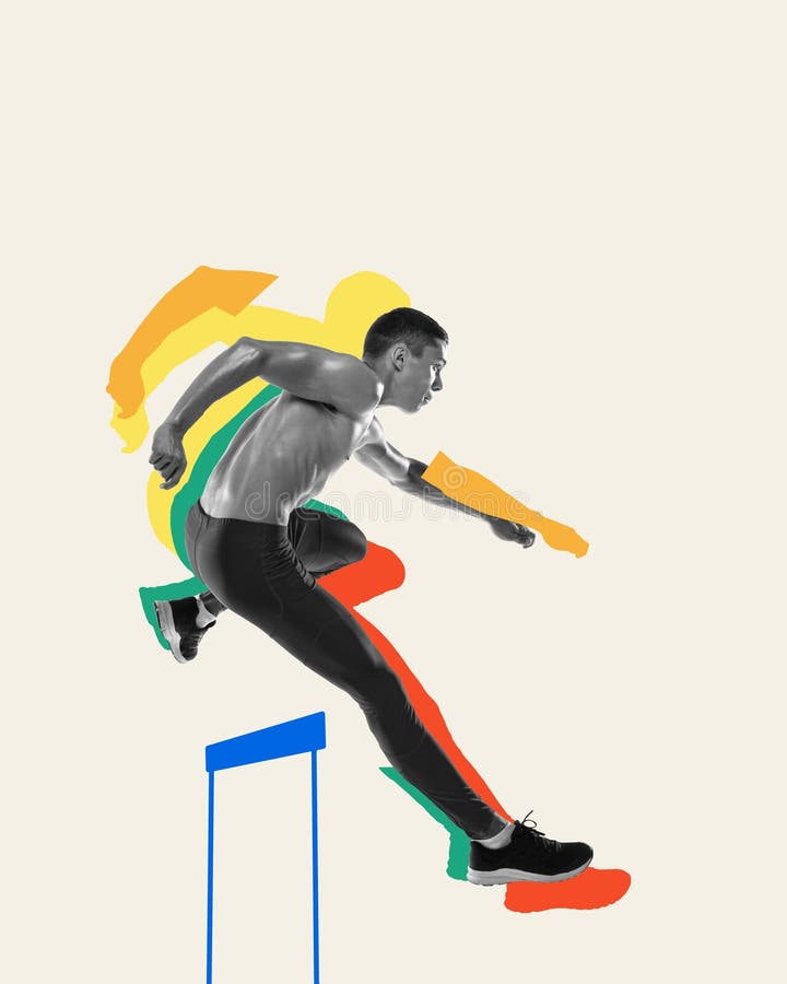 Muscular Young Man, Runner in Motion, Performing High Jump Over Hurdle ...