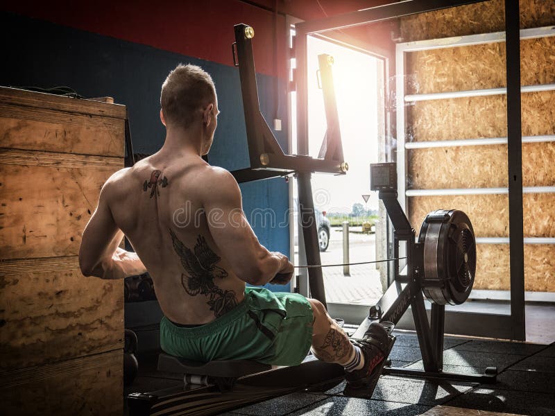 Muscular Young Man, Training Back on Rowing Machine Stock Image - Image ...