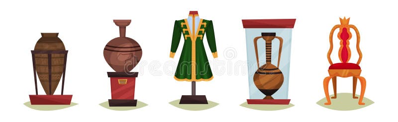 Museum Ancient Artifacts and Archaeological Exhibit Elements Vector Set ...