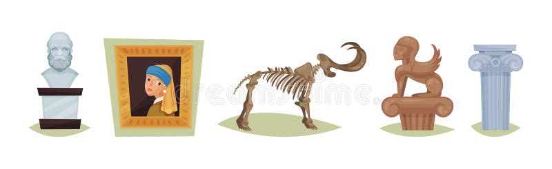 Museum Ancient Artifacts and Archaeological Exhibit Elements Vector Set ...