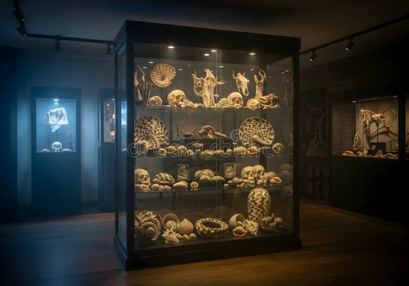 Museum Display Case with Skulls, Shells, and Artifacts Stock ...
