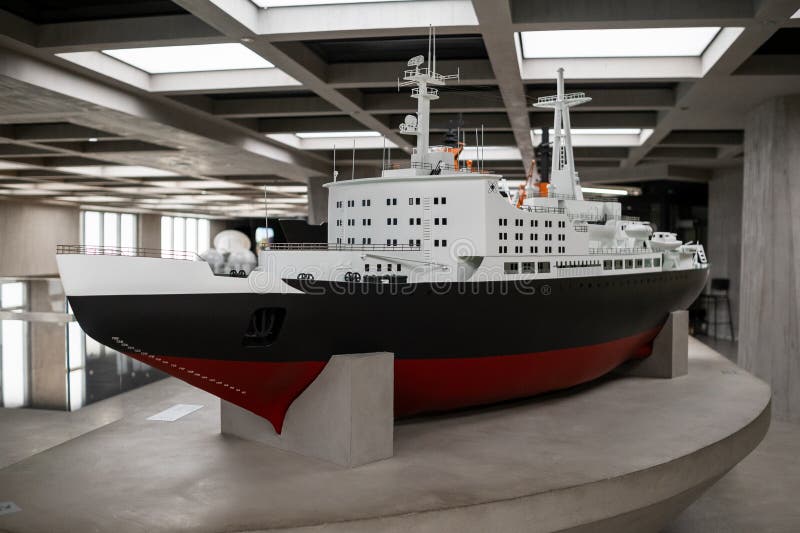 Museum Display of a Detailed Ship Model Showcasing Naval Engineering and Design in a Modern ...