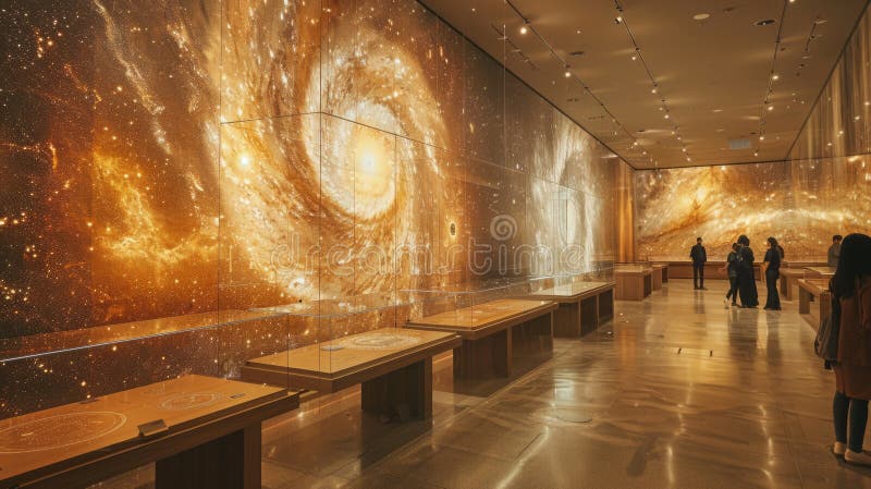 Museum Exhibit Featuring Large-Scale Galaxy Artwork with Visitors Stock ...