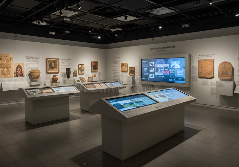Museum Exhibit Interior with Artifacts and Displays Stock Illustration ...