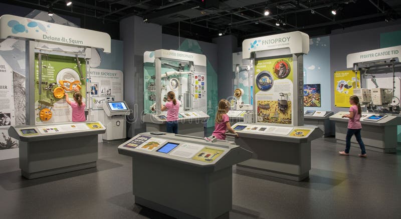 Museum Exhibit Room Featuring Interactive Displays and Panels with ...