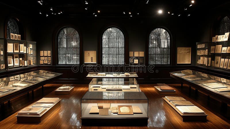 Museum Exhibit Showcasing Historical Documents and Art Stock ...