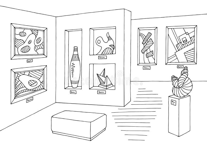 Museum Graphic Black White Interior Sketch Illustration Vector Stock ...