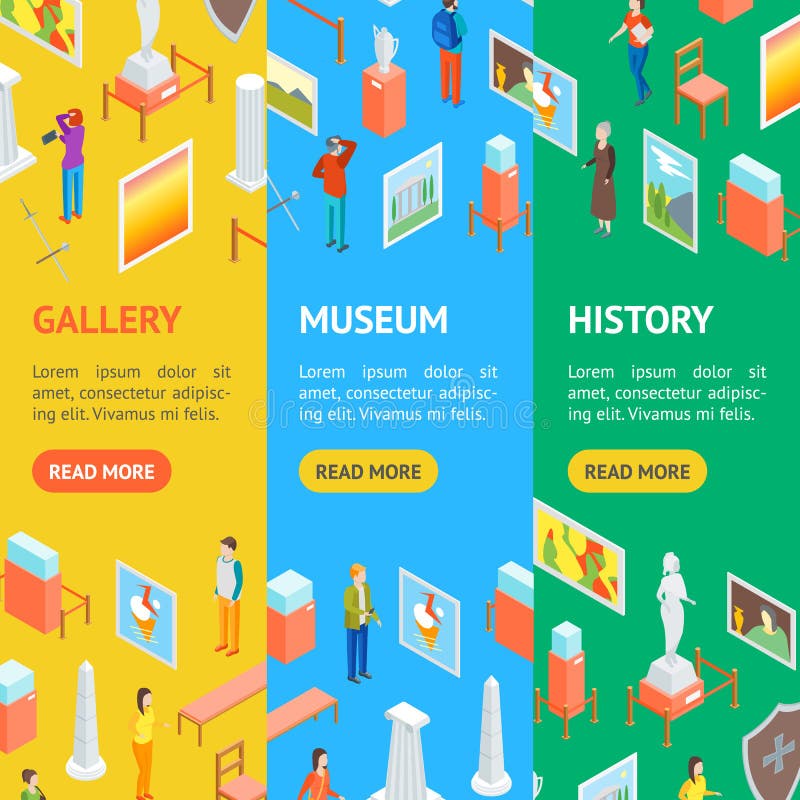 Museum Hall Interior Banner Vecrtical Set Isometric View. Vector Stock ...