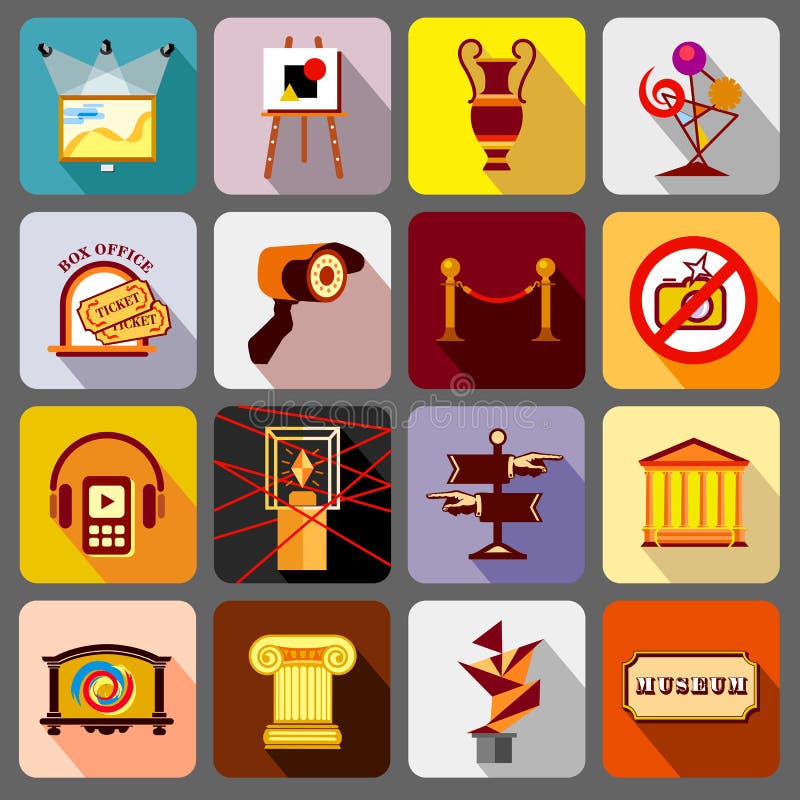 Museum Icons Set, Flat Style Stock Vector - Illustration of forbidden ...
