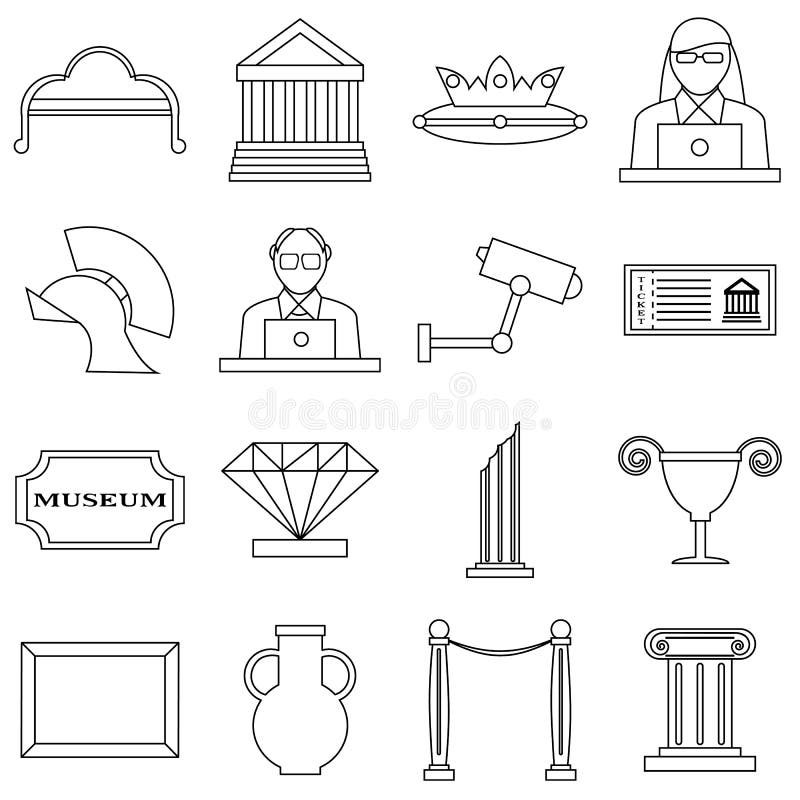 Museum Icons Set, Outline Style Stock Vector - Illustration of exposure ...