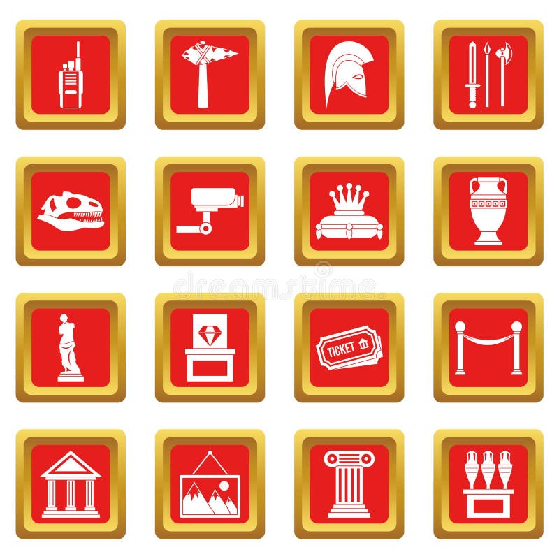 Museum icons set red stock vector. Illustration of dinosaur - 97945484