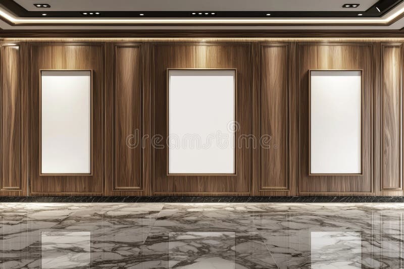 Museum Interior Rendered in 3D with an Empty Frame on a Wooden Panel ...