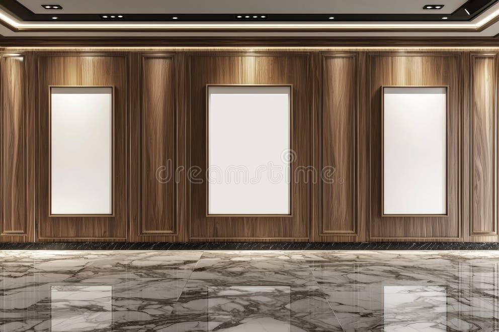 Museum Interior Rendered in 3D with an Empty Frame on a Wooden Panel ...