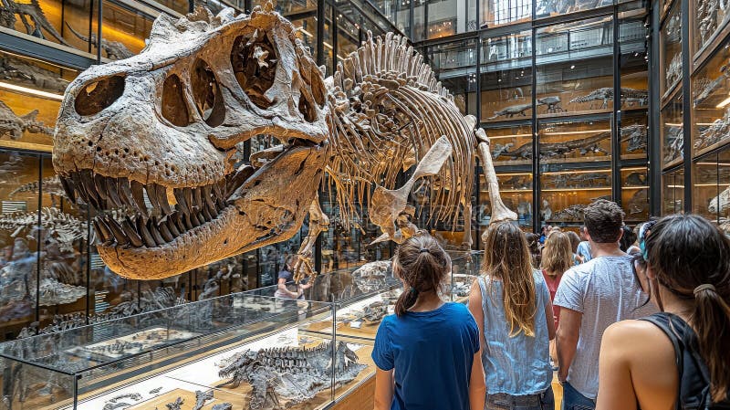 Museum Visitors View T-Rex Fossil Exhibit Stock Photo - Image of ...