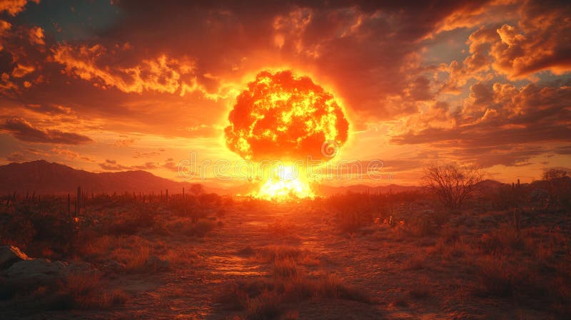 Mushroom Cloud Explosion in Desert Landscape during Sunset, Fiery Sky ...