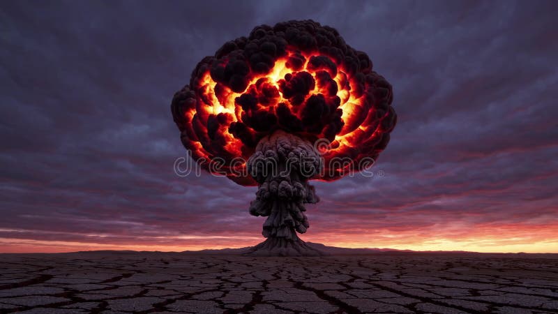 Mushroom Cloud Explosion Over Barren Landscape at Sunset, Dramatic and ...