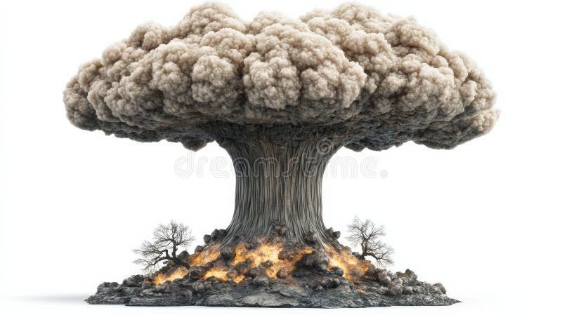 Mushroom Cloud Explosion with Smoke and Fire, Surrounded by Barren ...