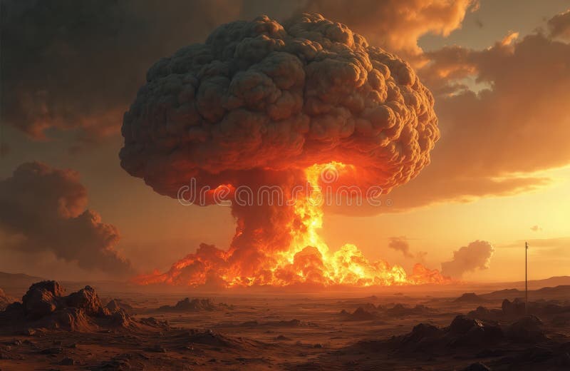 Mushroom Cloud Rises Over Desolate Landscape after Nuclear Explosion ...