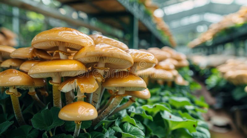 Mushroom Farm with Fresh Mushroom Growing on Mushroom Spawn Stock Photo ...