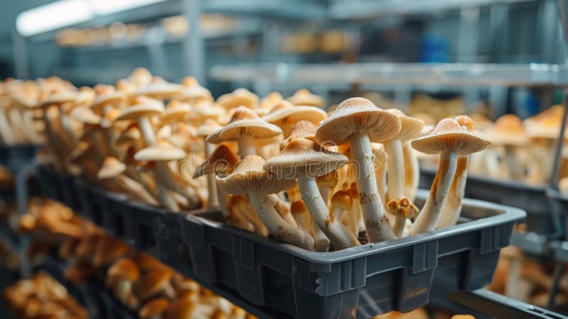 Mushroom Farm with Fresh Mushroom Growing on Mushroom Spawn Stock Photo ...