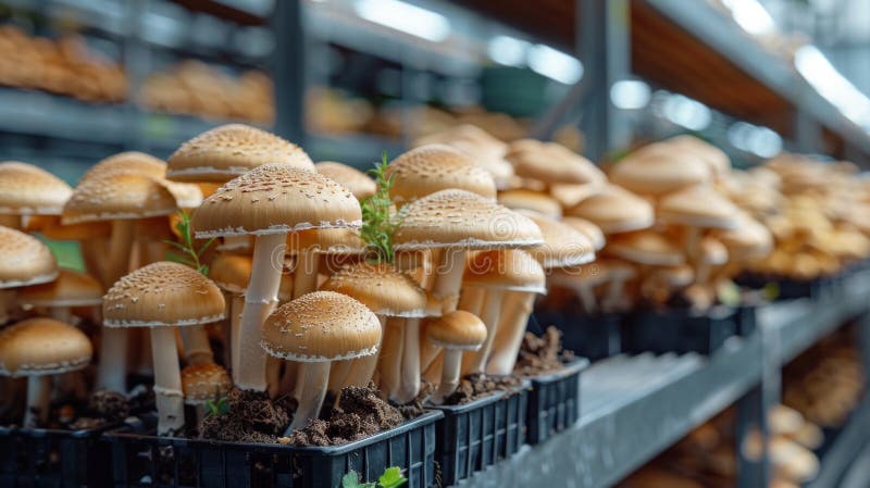 Mushroom Farm with Fresh Mushroom Growing on Mushroom Spawn Stock Photo ...