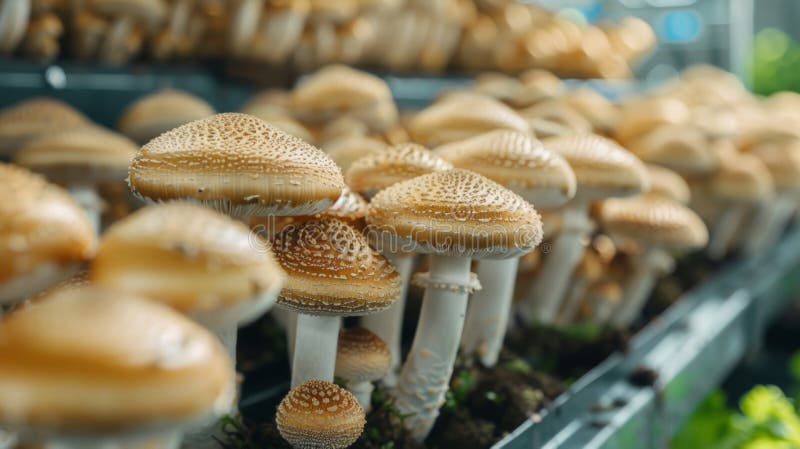 Mushroom Farm with Fresh Mushroom Growing on Mushroom Spawn Stock Photo ...