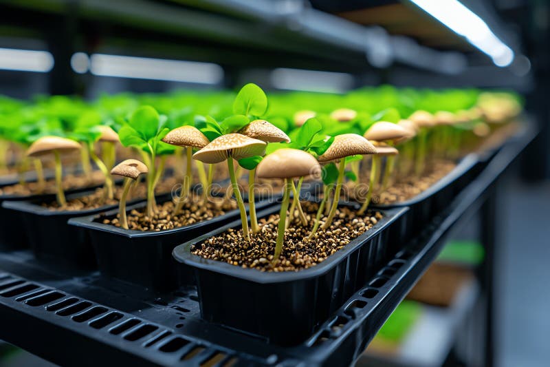 Mushroom Farm Mycelium, Trays, and Colonization Shown in an Indoor Farm ...