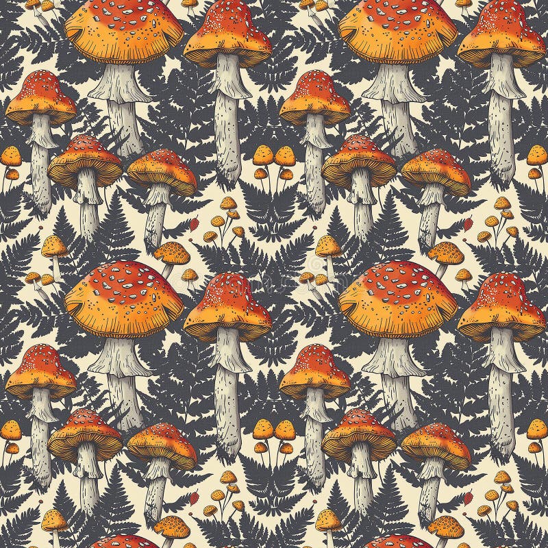 Mushroom and Fern Pattern on White Background Stock Image - Image of ...