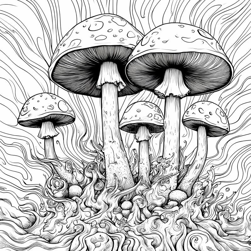 Mushroom Forest. Black and White Illustration Stock Illustration ...