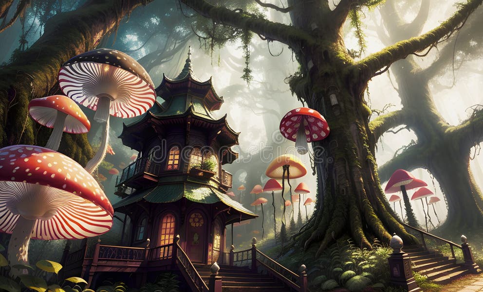 Mushroom Forest of Fly Agaric in Dense Fog, Created Using Artificial ...