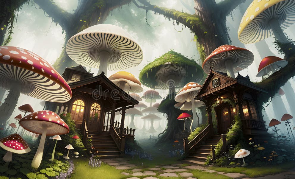 Mushroom Forest of Fly Agaric in Dense Fog, Created Using Artificial ...