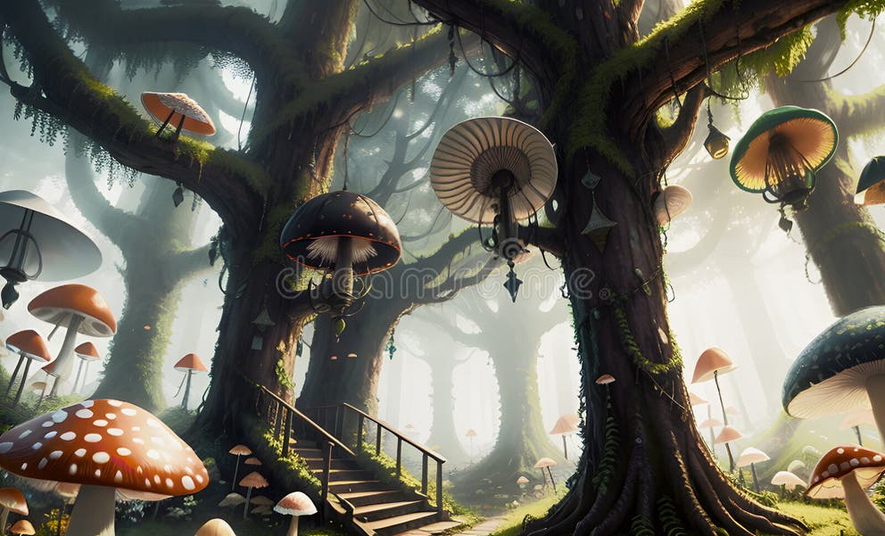 Mushroom Forest of Fly Agaric in Dense Fog, Created Using Artificial ...