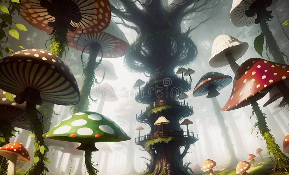 Mushroom Forest of Fly Agaric in Dense Fog, Created Using Artificial ...