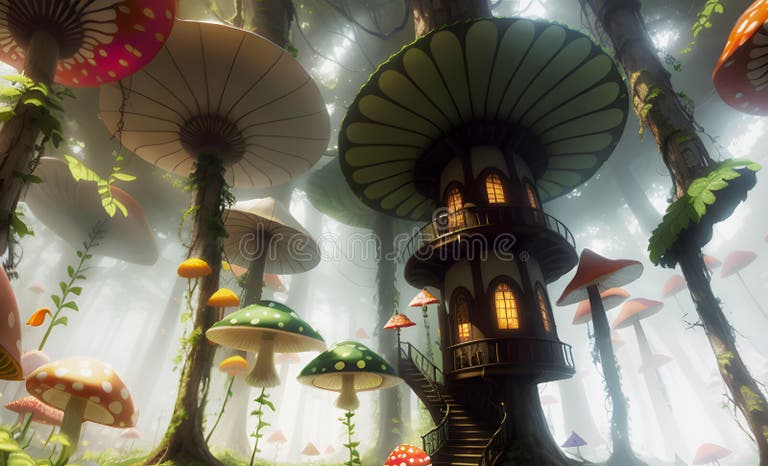 Mushroom Forest of Fly Agaric in Dense Fog, Created Using Artificial ...