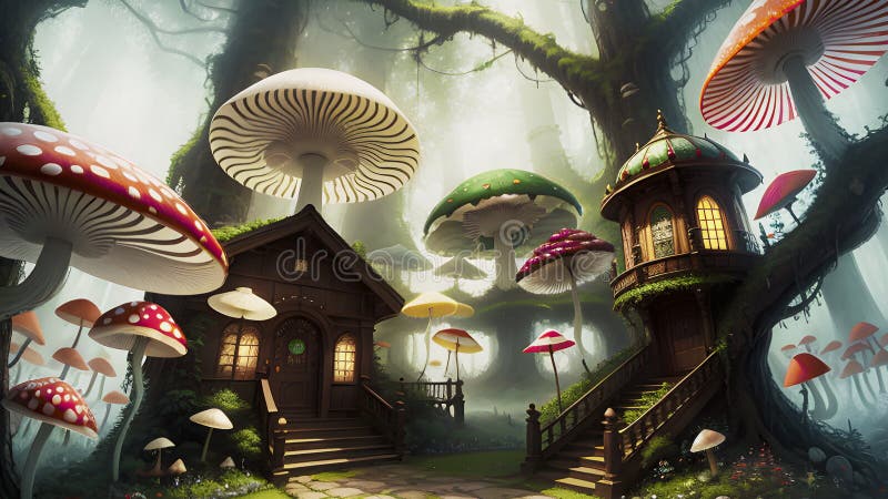 Mushroom Forest of Fly Agaric in Dense Fog, Created Using Artificial ...