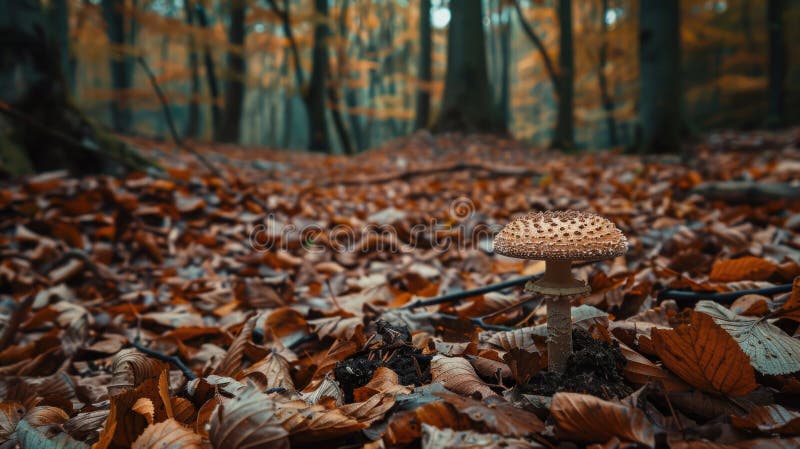 Mushroom Growing on Forest Floor with Fallen Leaves Highlighting ...