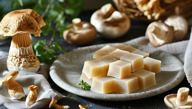Delicious Mushroom Jelly Cubes Served on a Rustic Plate with Fresh ...