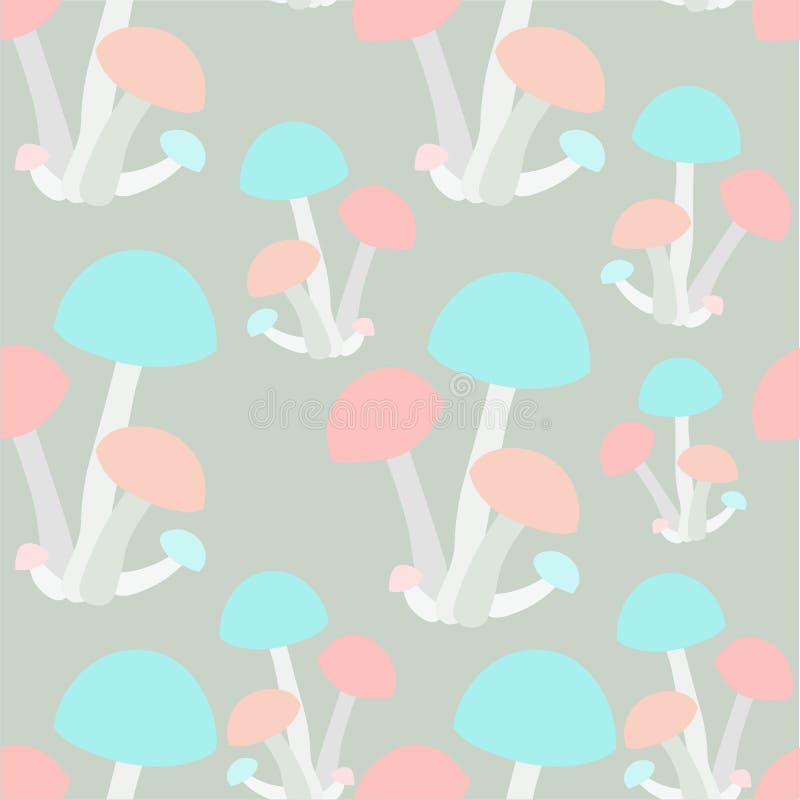 Mushroom Pink Blue Seamless Pattern on Grey Stock Vector - Illustration ...