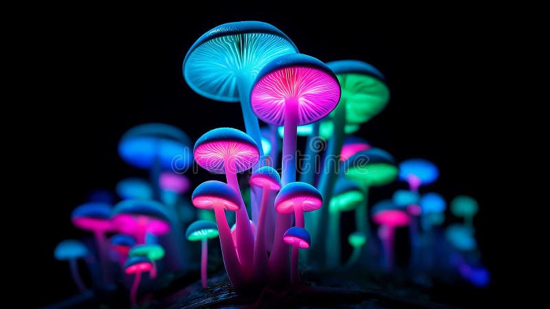 Mushroom Plants at Night, Illuminated with Bright Neon Colors Stock ...